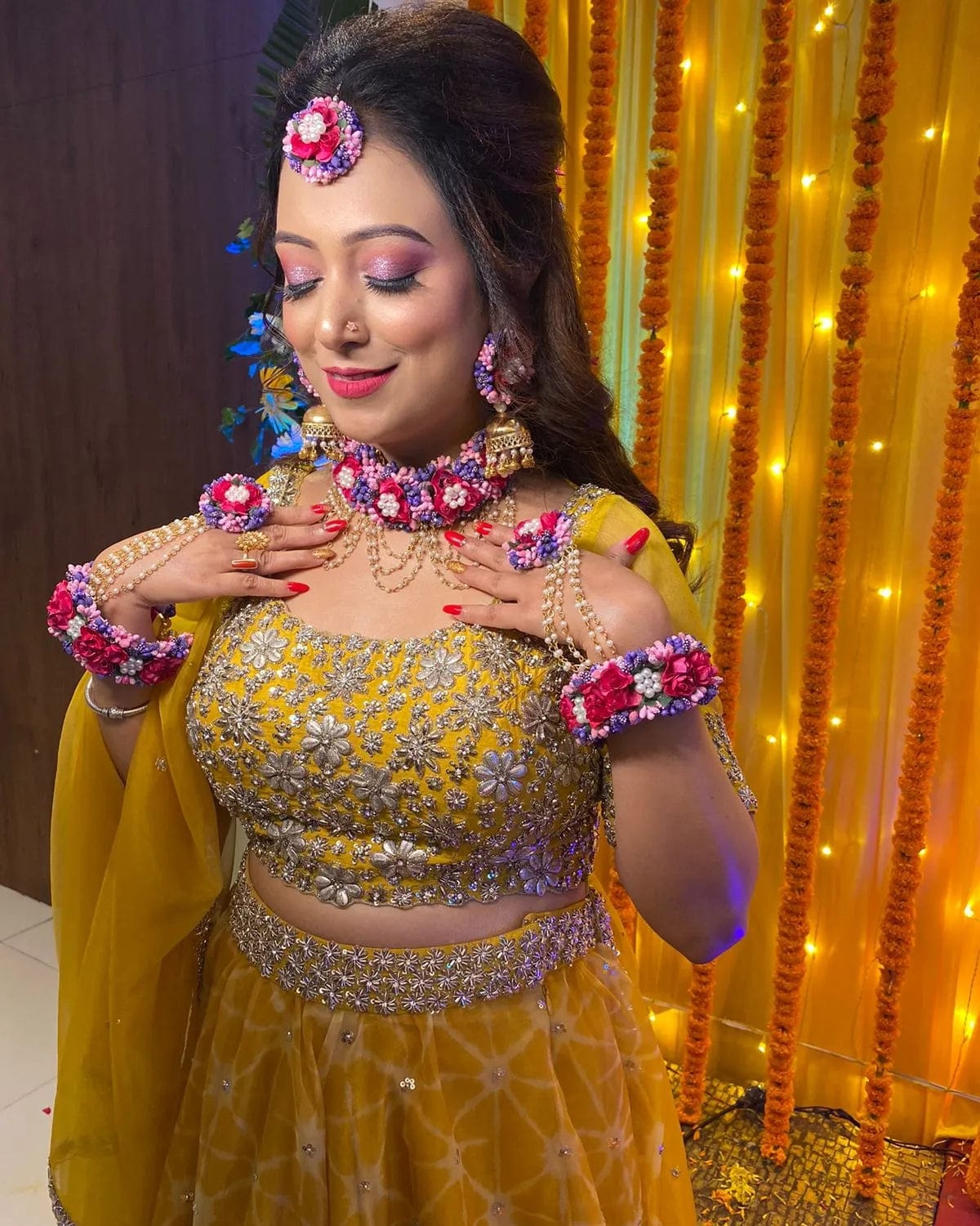 Myindiecraft - Pink Bridal Floral Jewellery Set for Mehendi Function ...